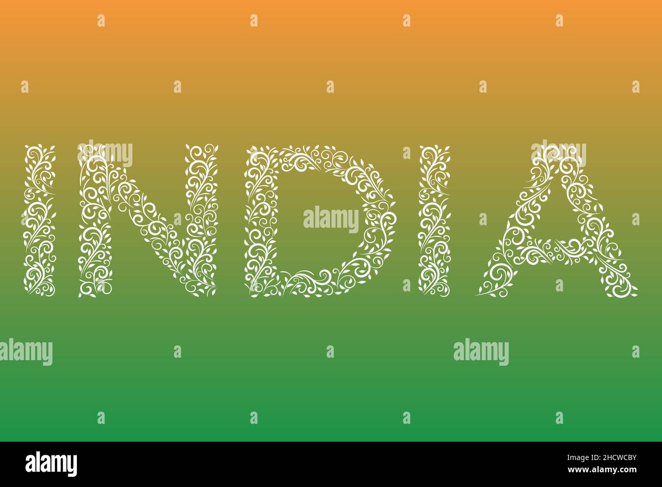 White word India ornamented in oriental style on a green and orange ...