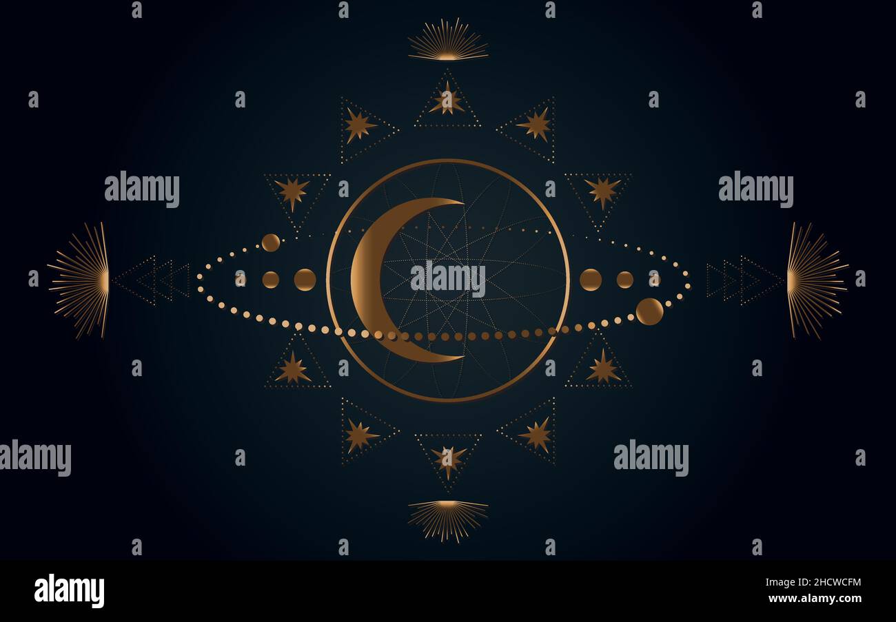 Mystical Sacred geometry. Moon, stars, orbits. Gold Moon magic pagan ...