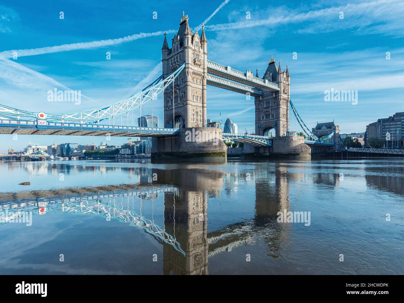 Tower Bridge with reflection at the morning in London, UK Stock Photo ...