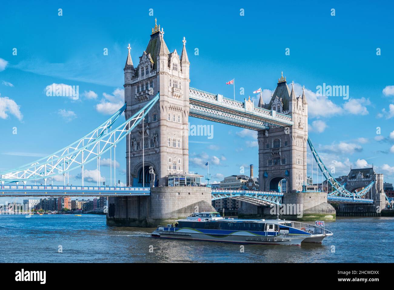 Tower Bridge at summer with blue sky in London, UK Stock Photo - Alamy
