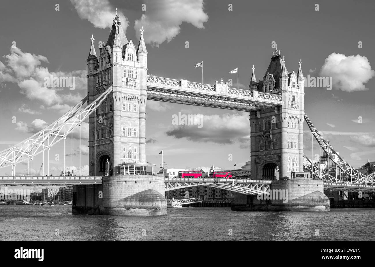tower bridge with traditional red bus in black and white colors, london ...