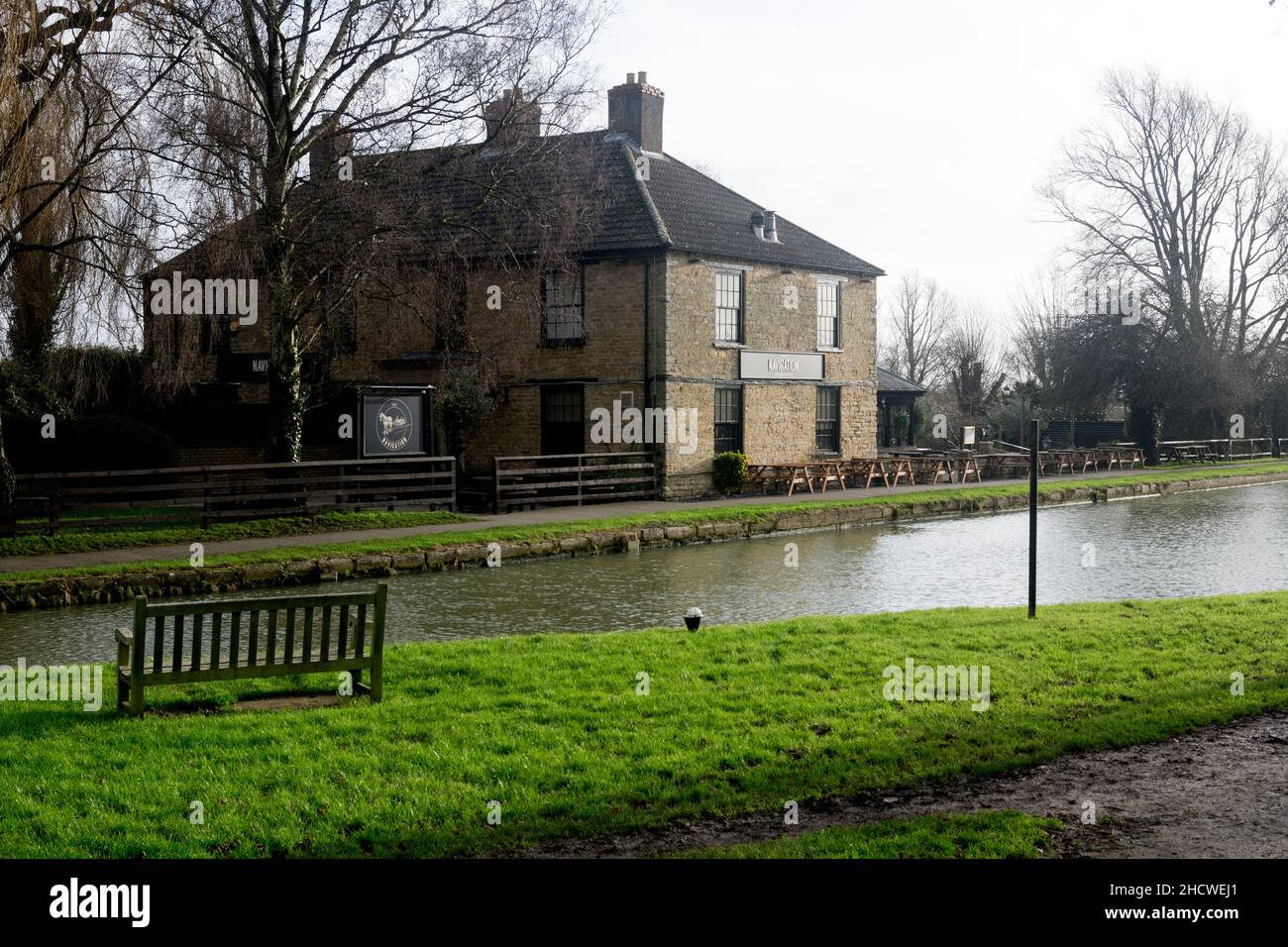 The Navigation pub by Grand Union Canal at Stoke Bruerne in winter ...