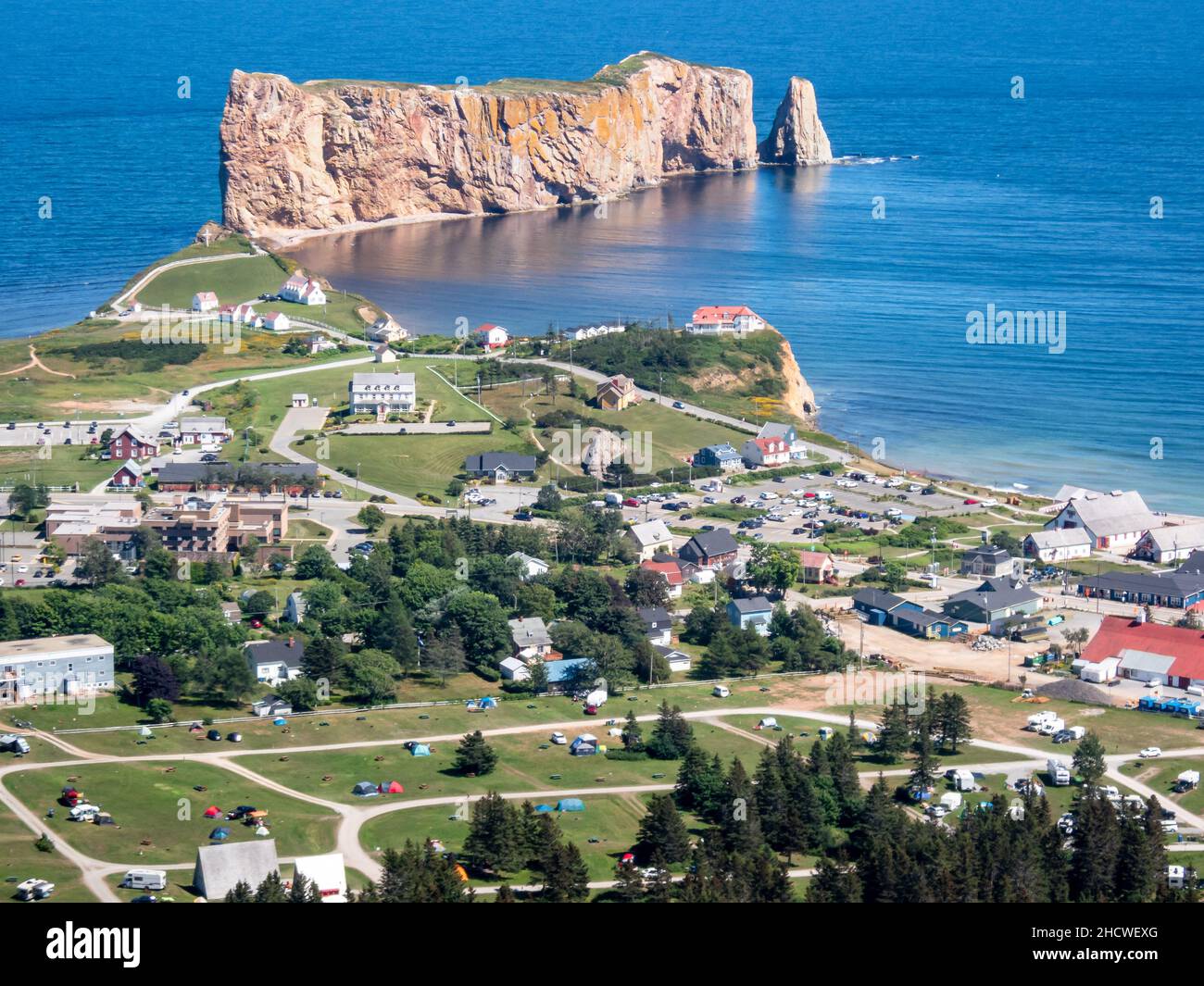 Perce village view from the top of Mont Ste-Anne. View of Perce rock ...