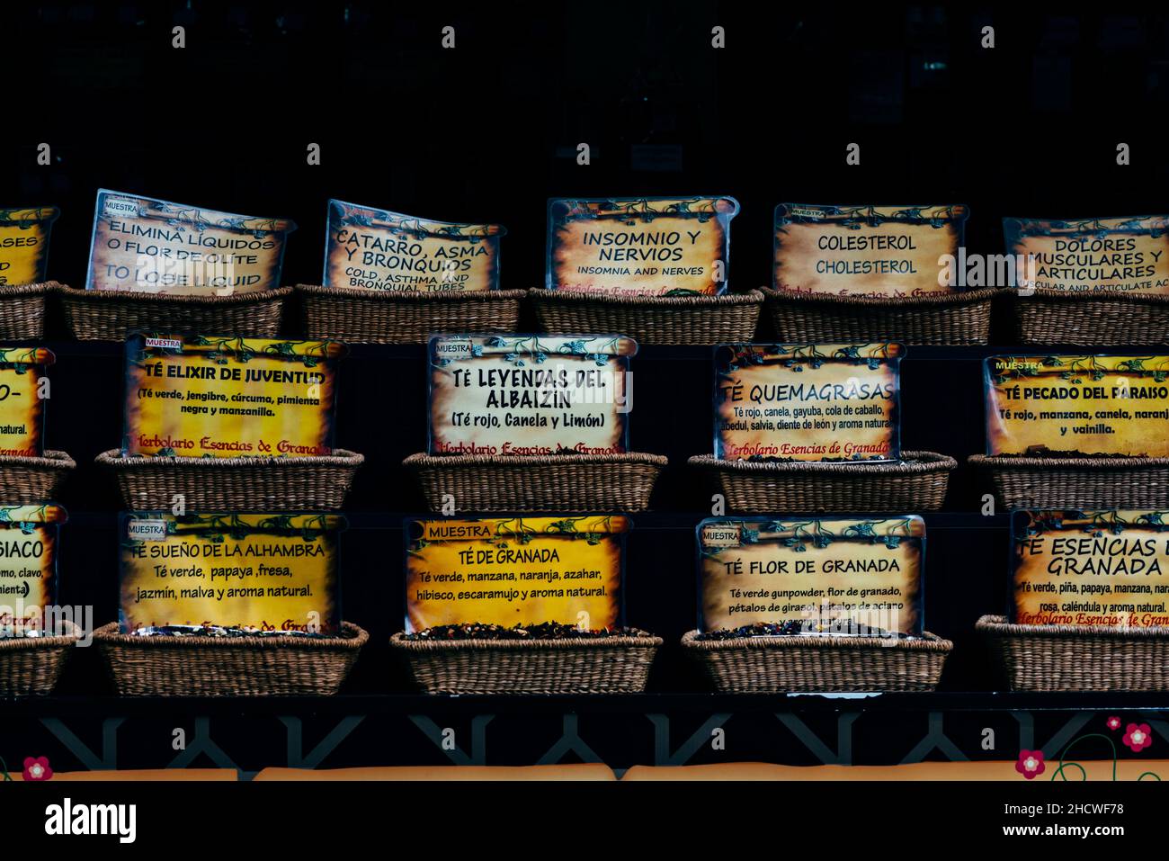 Granada, Spain - December 26, 2021: Tea shop window case, various teas ...