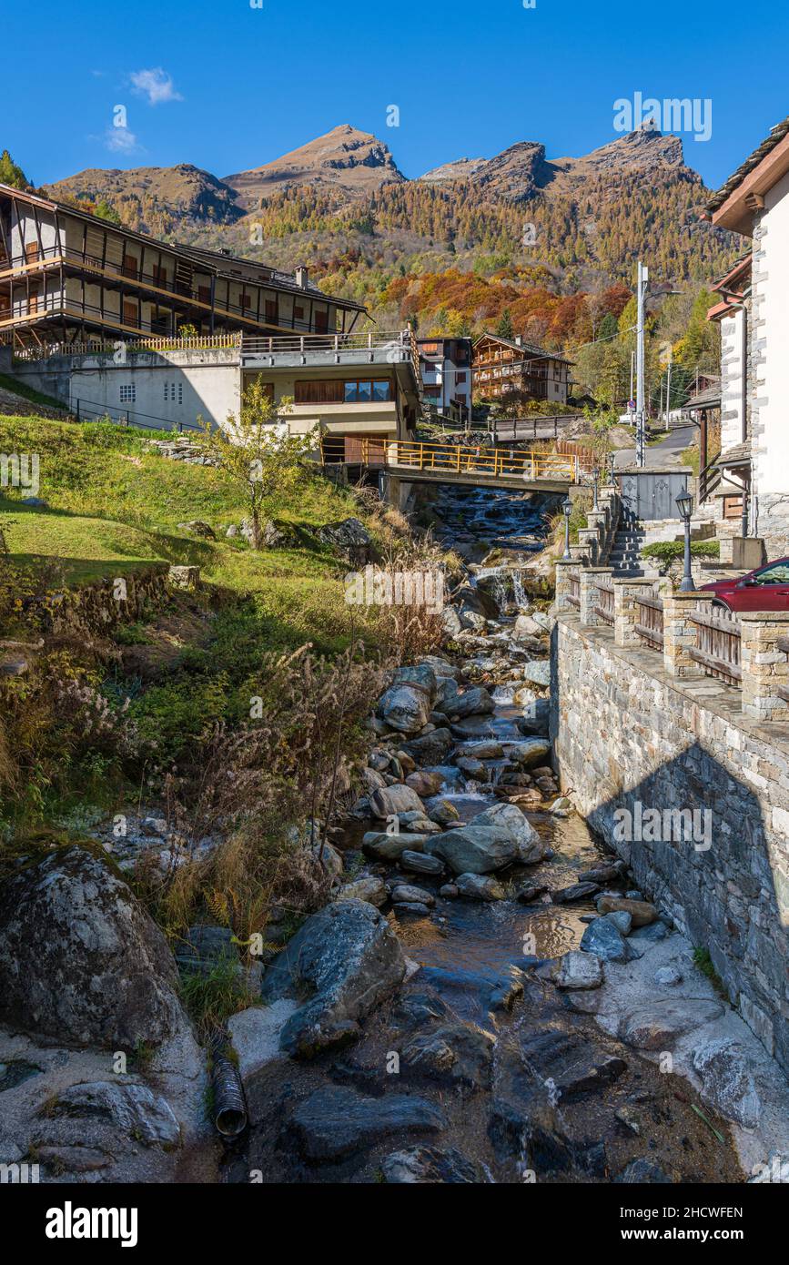 The beautiful village of Alagna Valsesia, during fall season, in ...