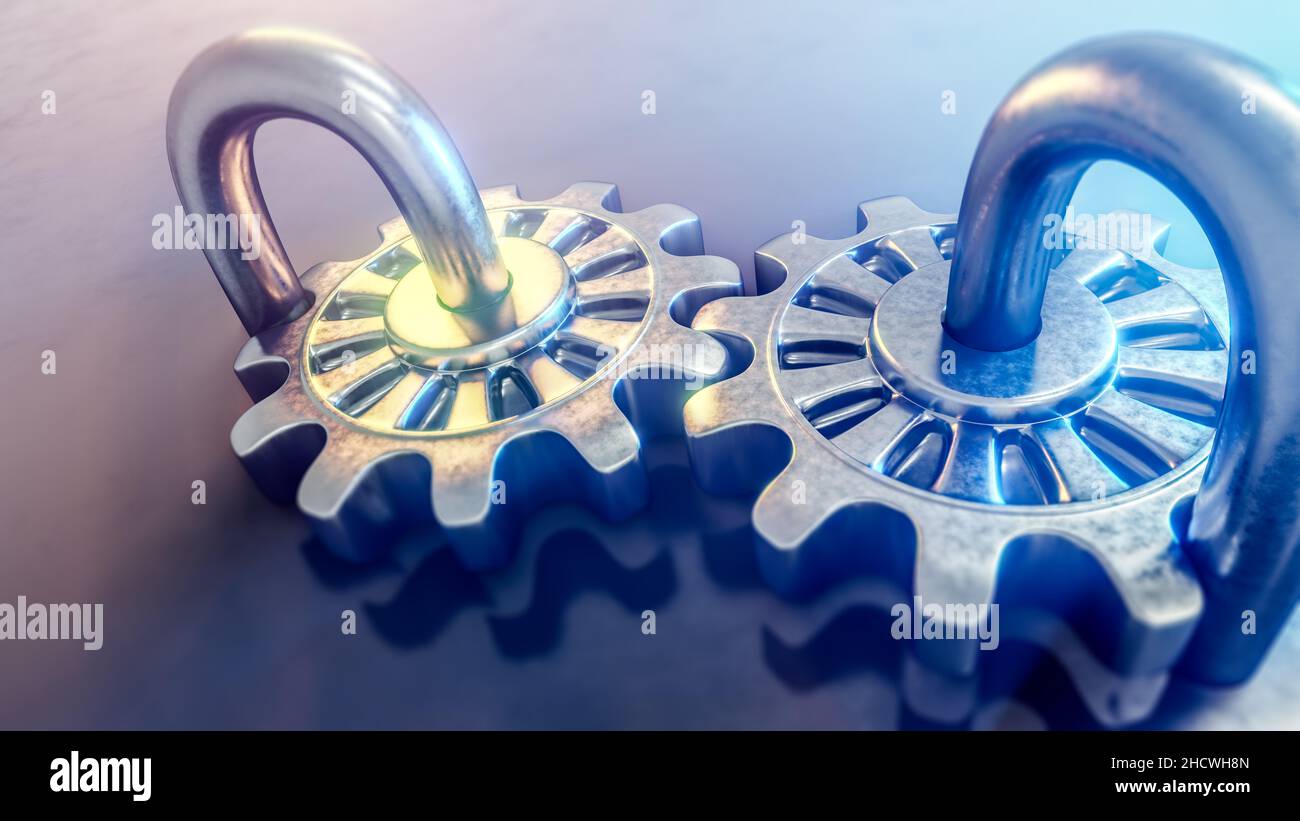 A 3D illustration of solid connected gears malfunction symbol Stock ...