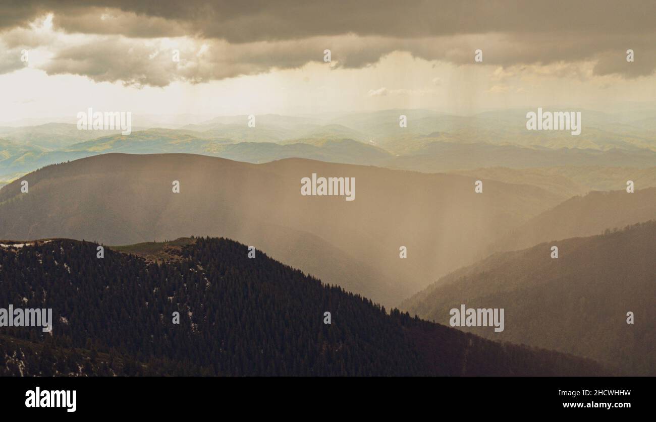 Panorama view with gathering autumnal storm clouds and the first signs ...