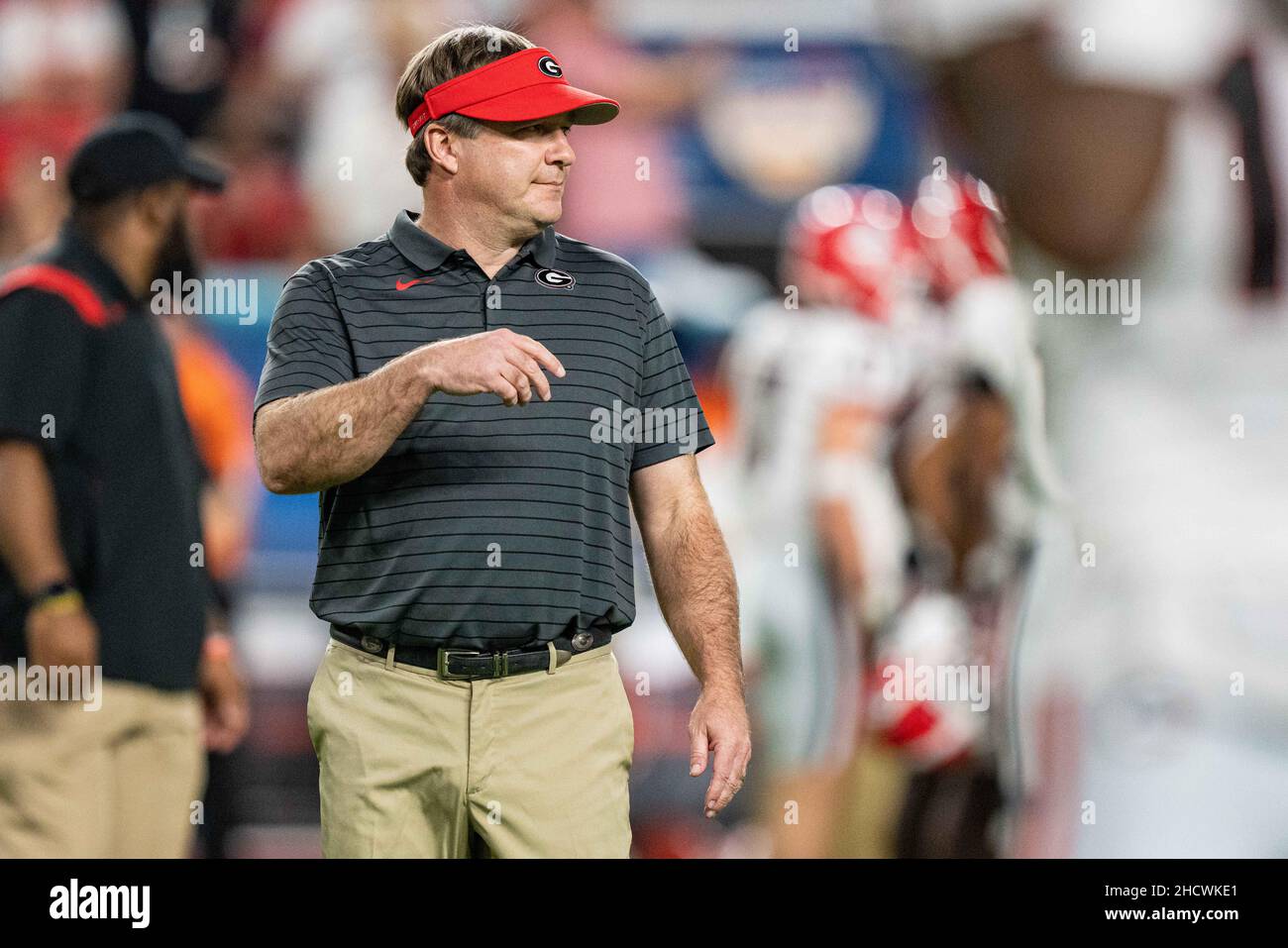 Georgia Bulldogs head coach Kirby Smart looks on during warm ups before ...