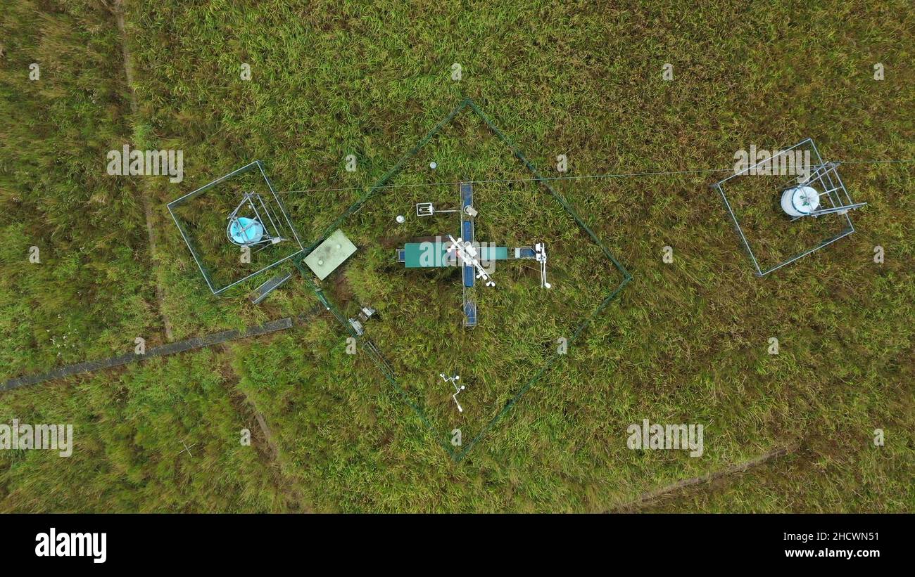 Research station for studying wetlands meadows ecosystem drone aerial ...