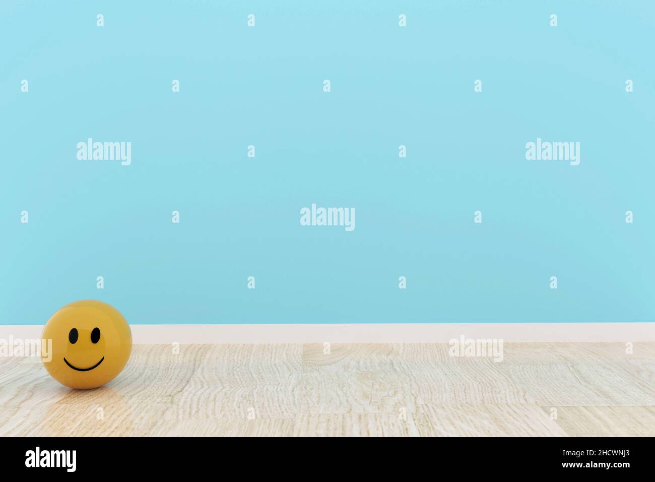 yellow smiley ball in blue room interior in 3D rendering Stock Photo ...