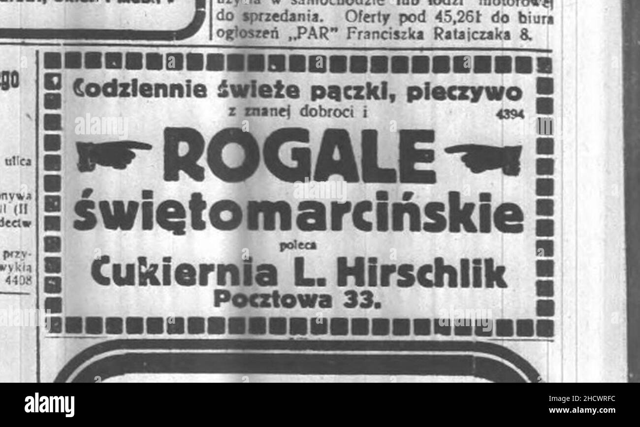 Reklama rogali (Dziennik Poznanski 11.11.1923 Stock Photo - Alamy