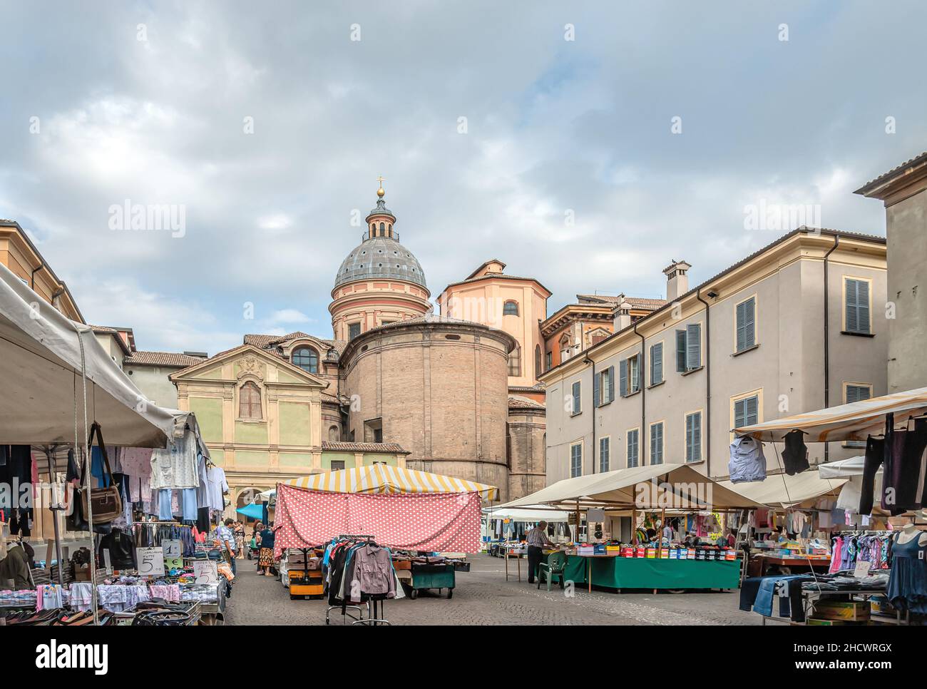 Street market at the Piazza San Prospero in Reggio Emilia, North Italy ...
