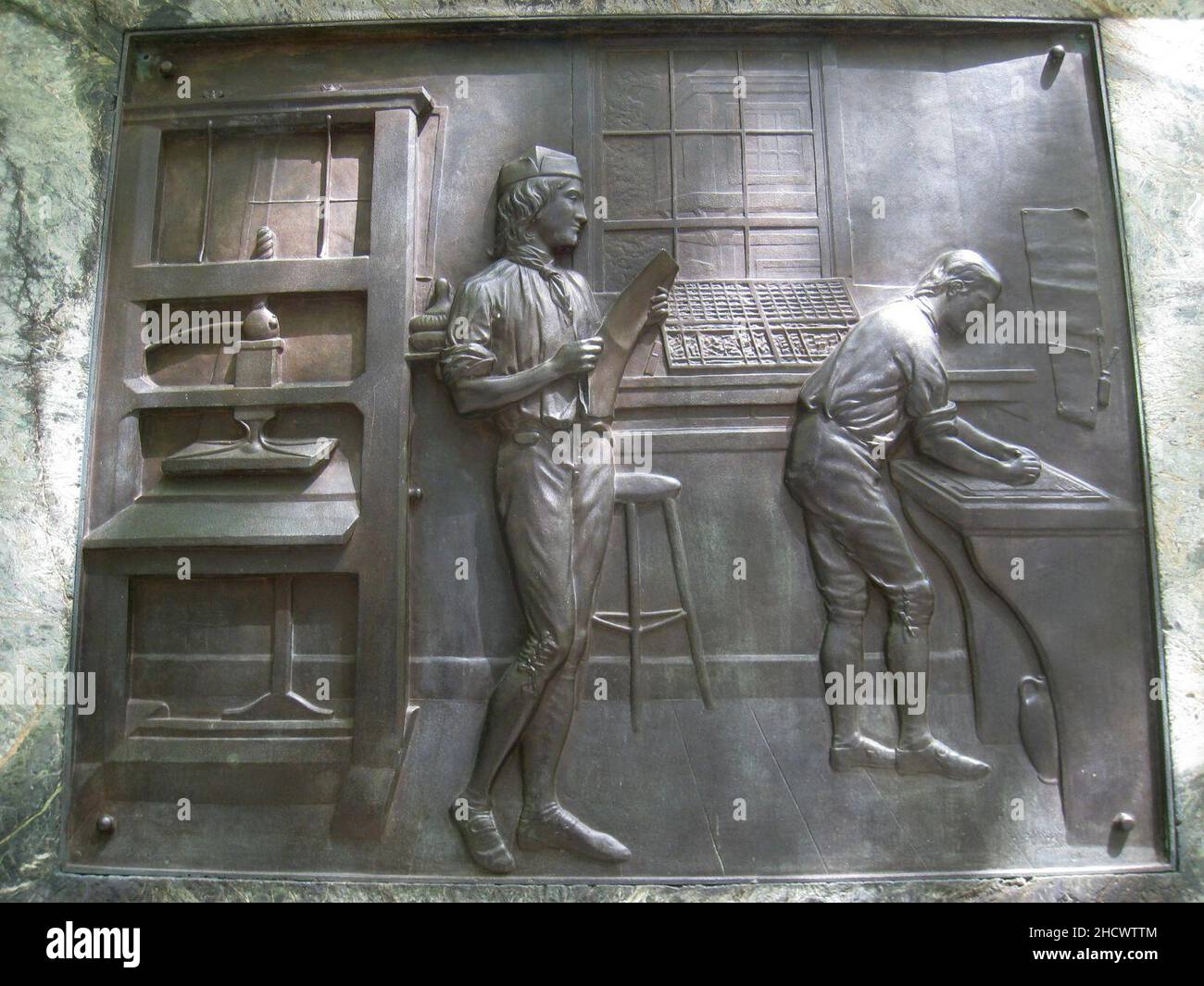 Relief, Benjamin Franklin statue, Old City Hall, Boston Stock Photo - Alamy