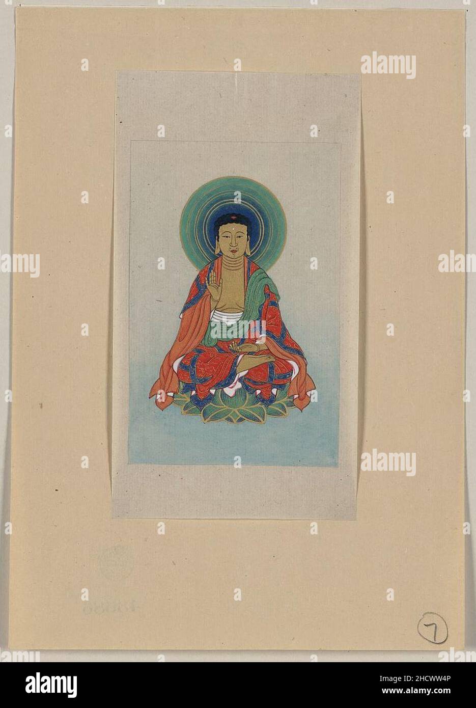 Religious figure, possibly Buddha, sitting on a lotus, facing front ...