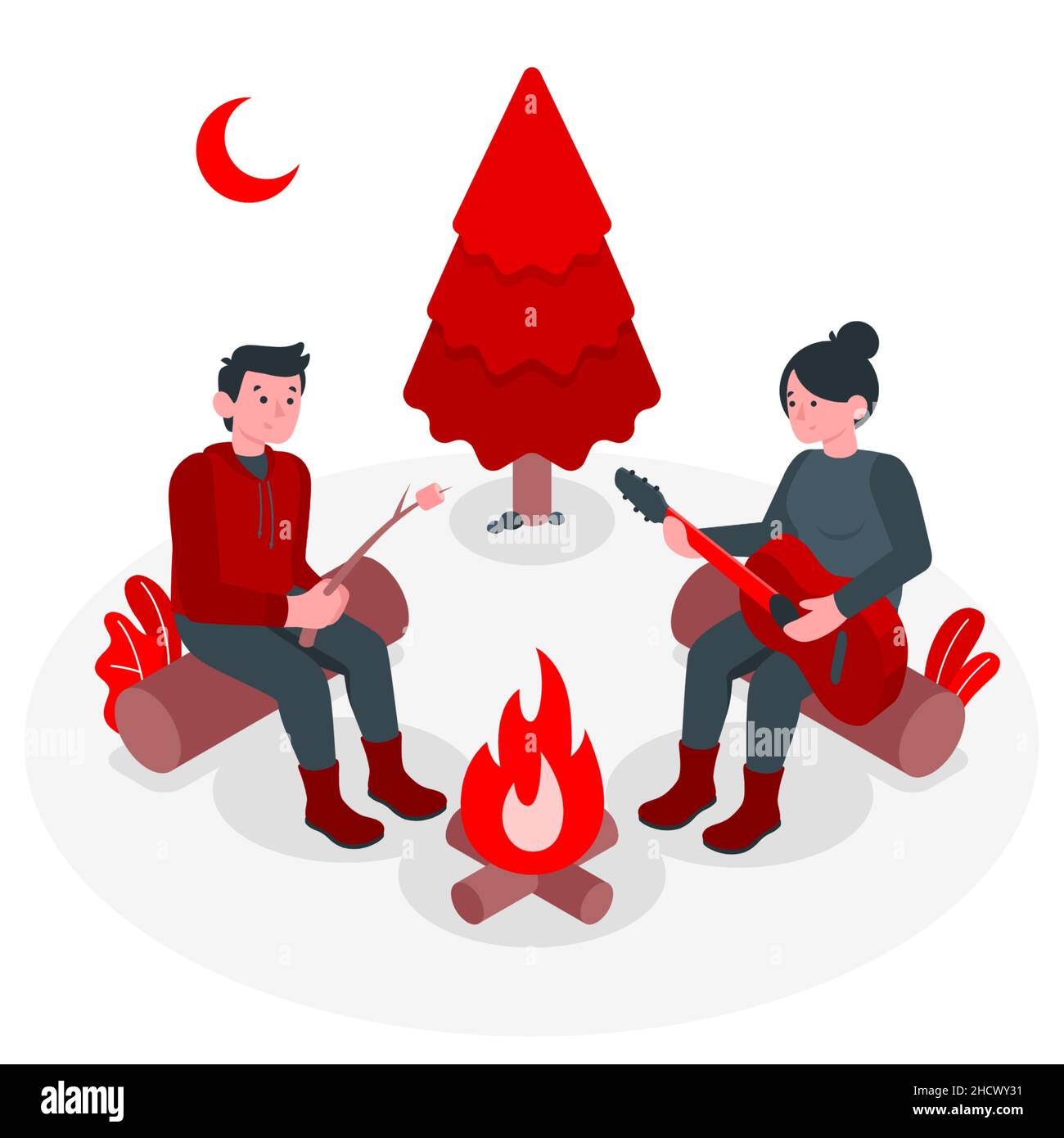 Campfire Isometric Illustrations. Friends singing around campfire ...