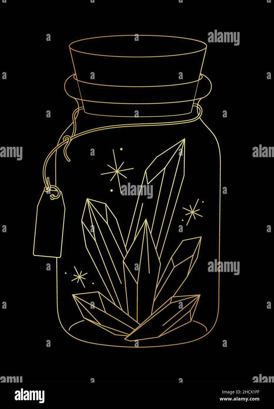 Vector golden line art sketch quartz crystals in glass bottle on black ...