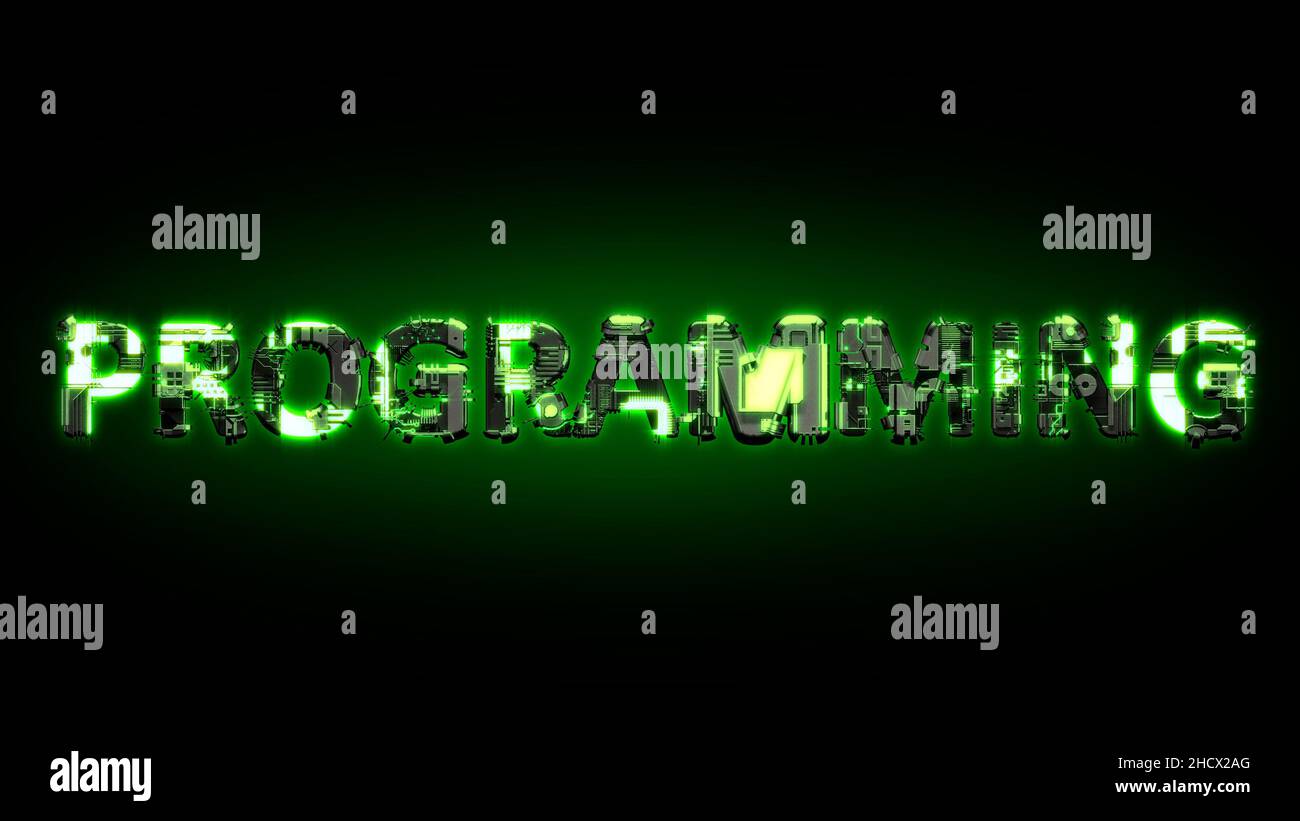 Programming shining dark green cyber text on black, isolated ...