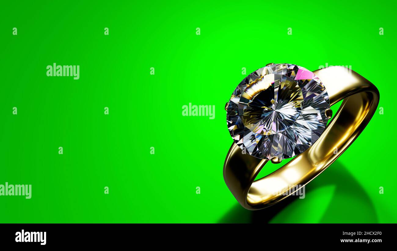 diamond wedding ring on green screen with free place on left, isolated ...