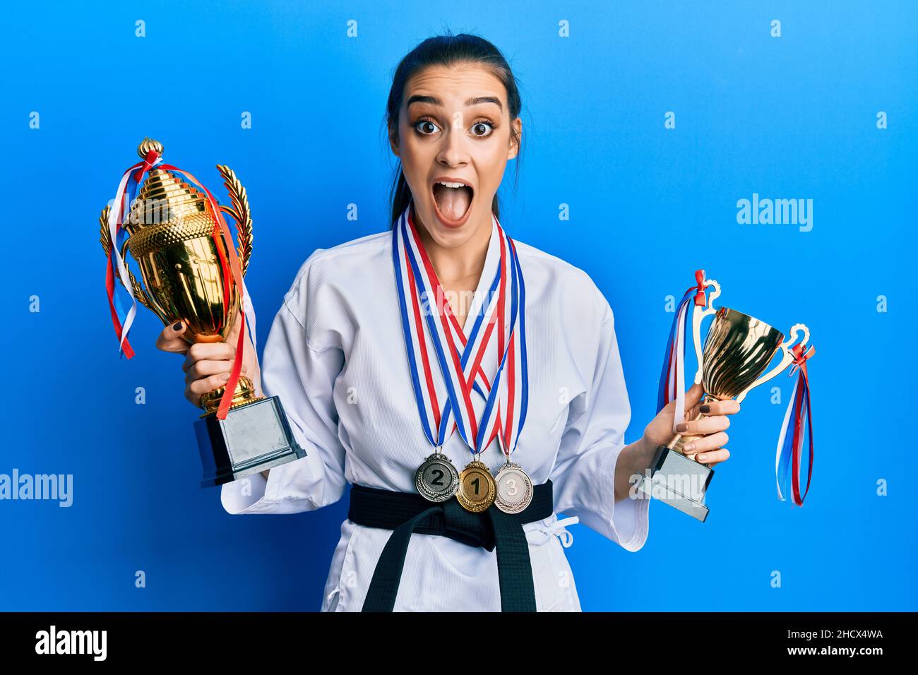 Beautiful brunette young woman wearing karate fighter uniform and ...
