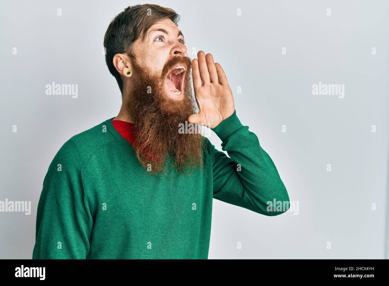 Redhead man with long beard wearing casual clothes shouting and ...