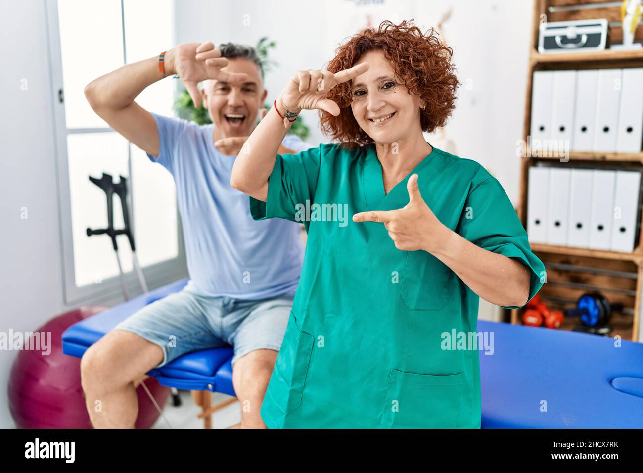 Physiotherapy woman working at pain recovery clinic with patient ...
