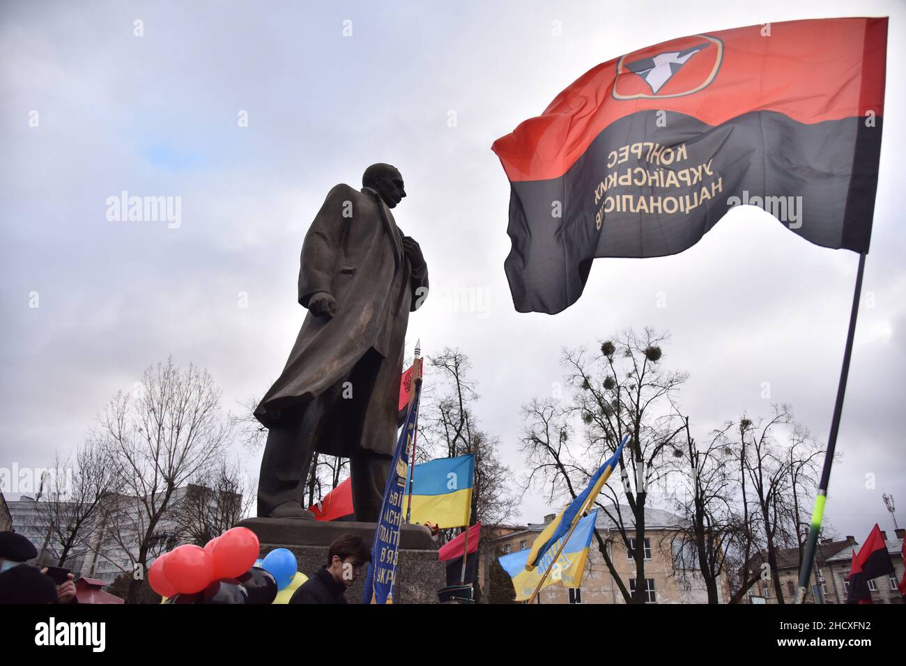 Lviv, Ukraine. 01st Jan, 2022. Monument to Stepan Bandera in Lviv seen ...