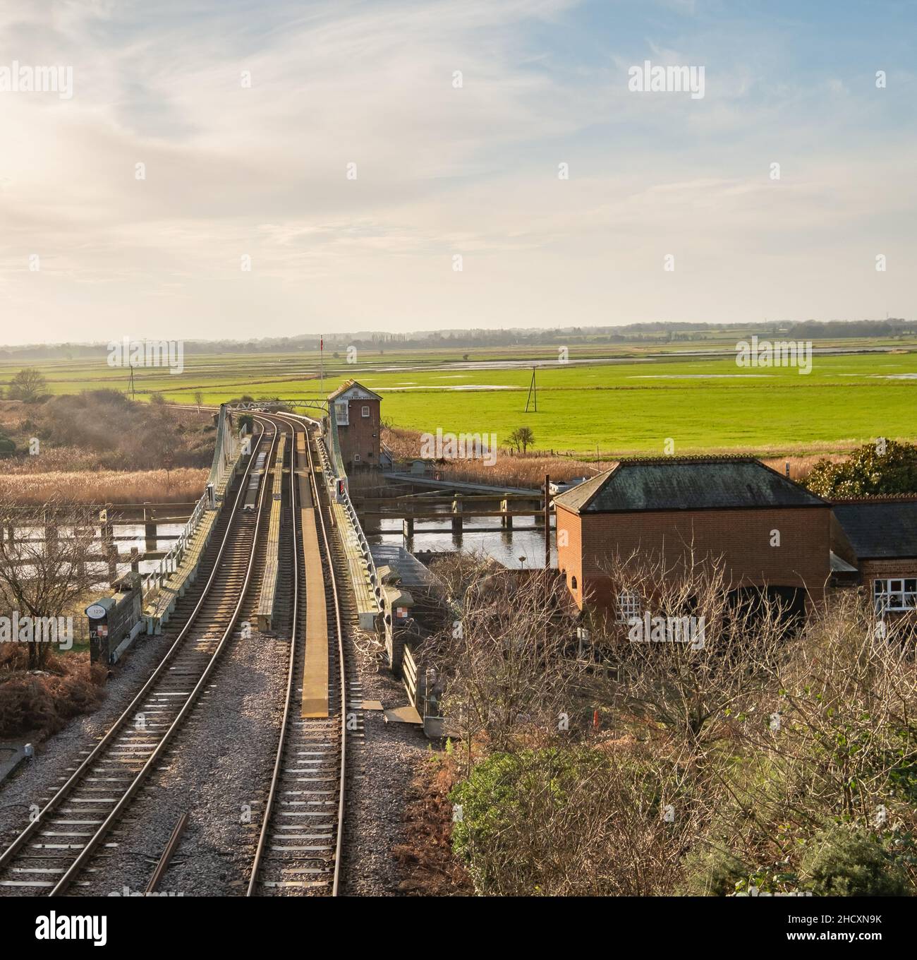 Reedham, Norfolk, UK – January 2022. Looking down over the swing Bridge ...