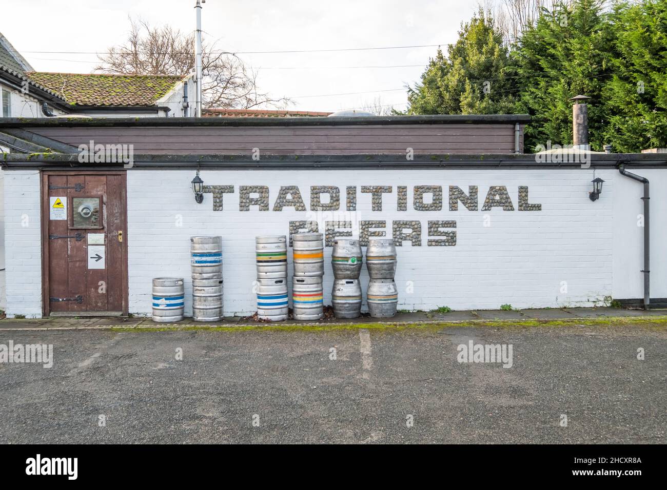 Reedham, Norfolk, UK – January 2022. Empty beer barrels and casks, and ...