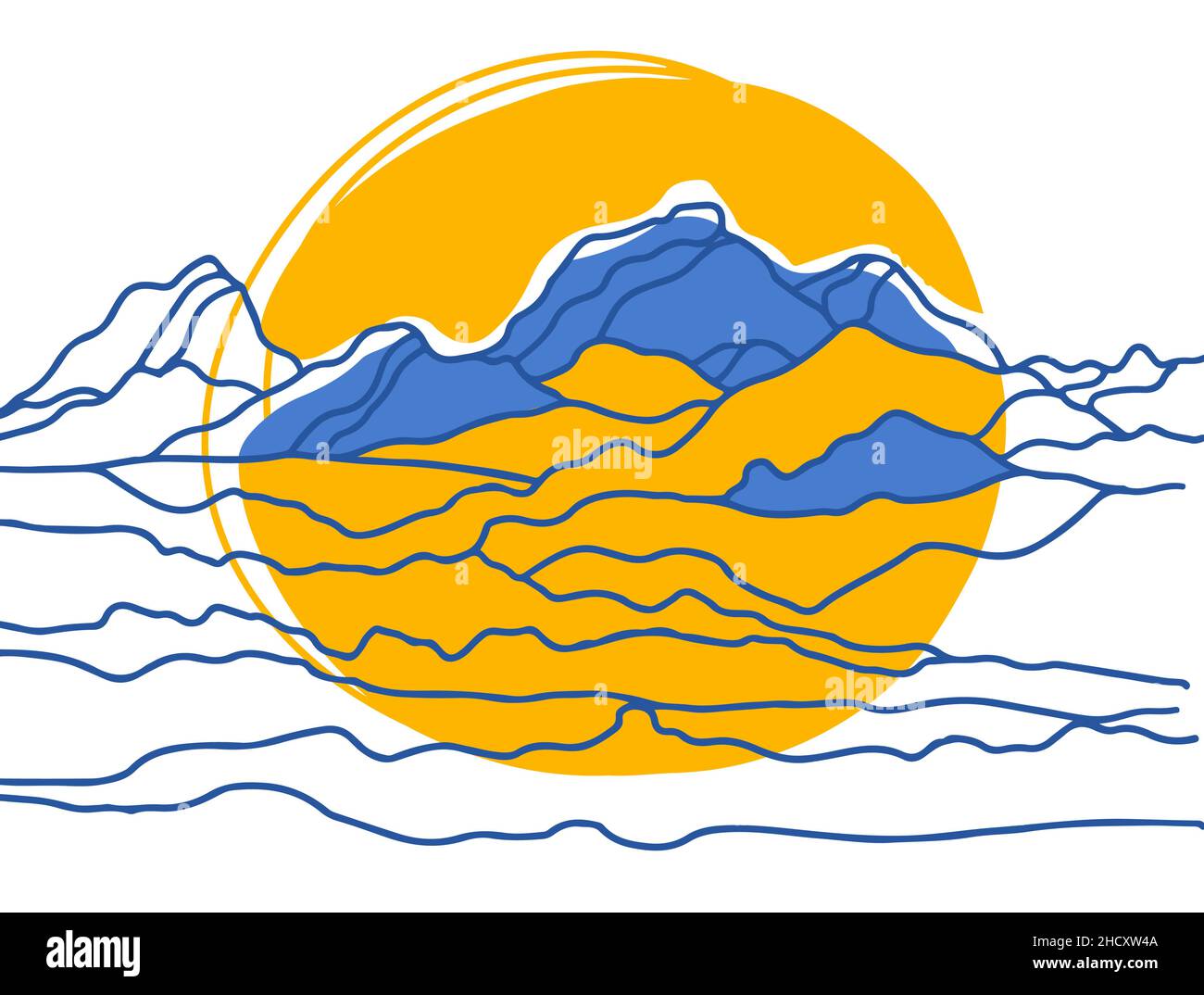 Dawn mountains doodle in vintage style. Line draw graphic. White ...