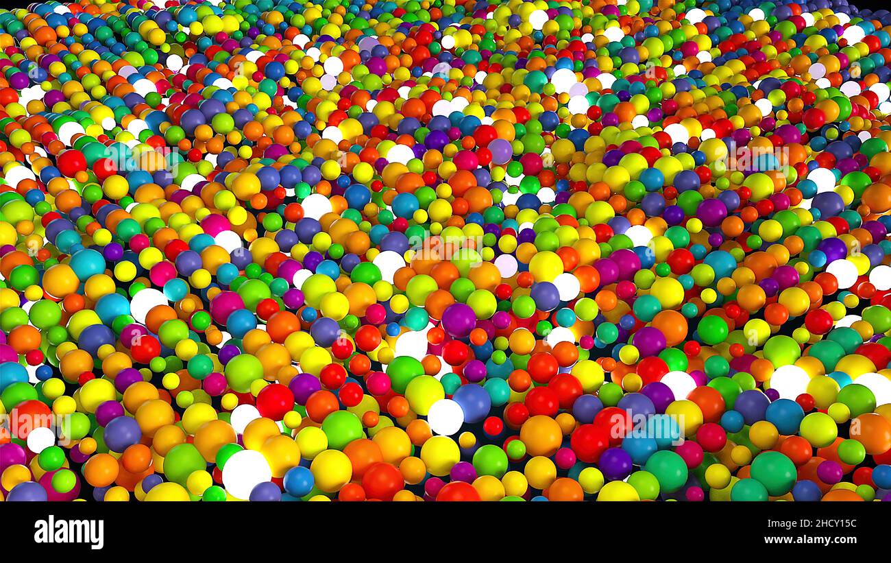 Colorful 3d render bubbles of various sizes fall and rush along surface ...
