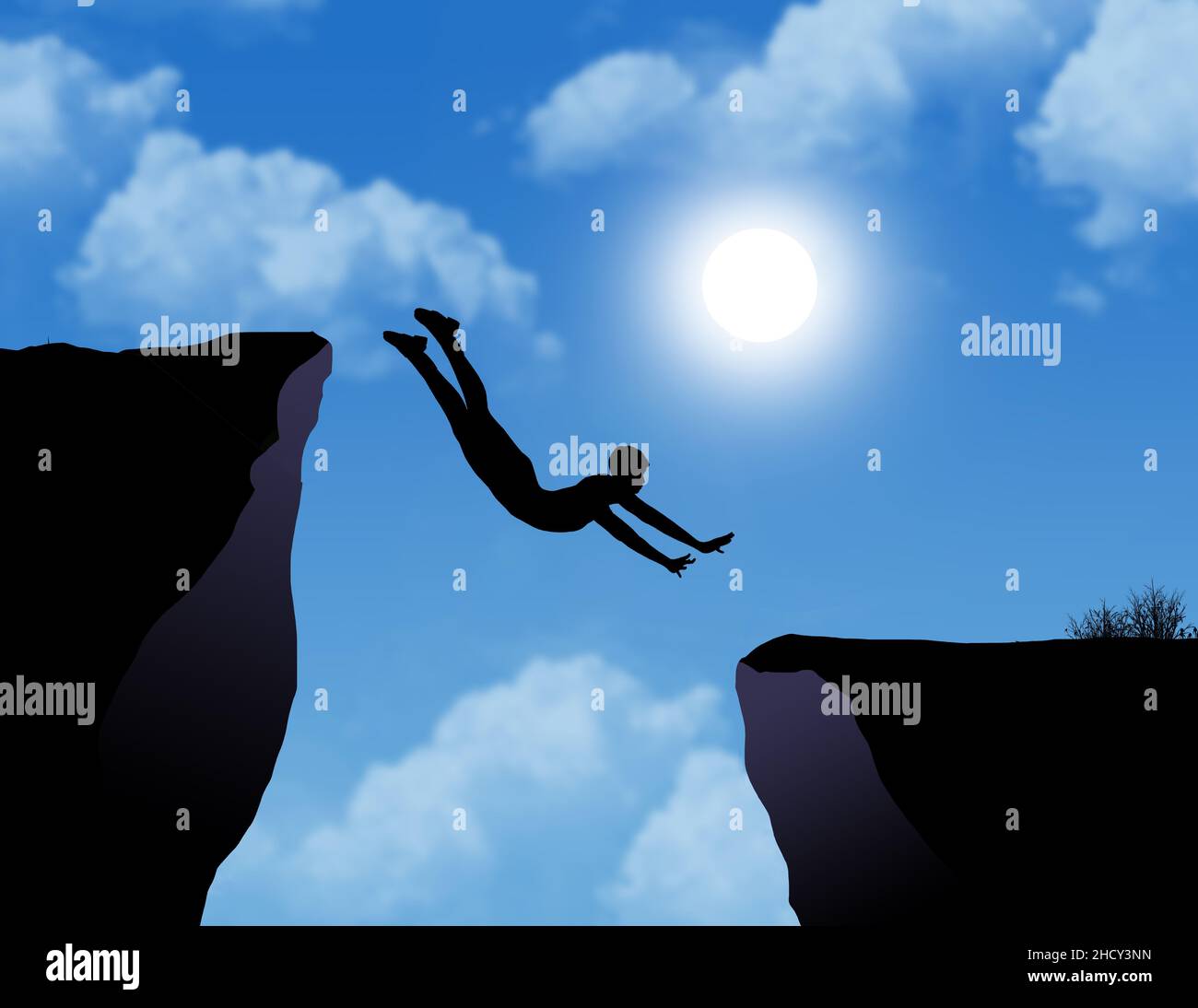 A man makes a leap from one cliff to another lower cliff in a 3-d ...