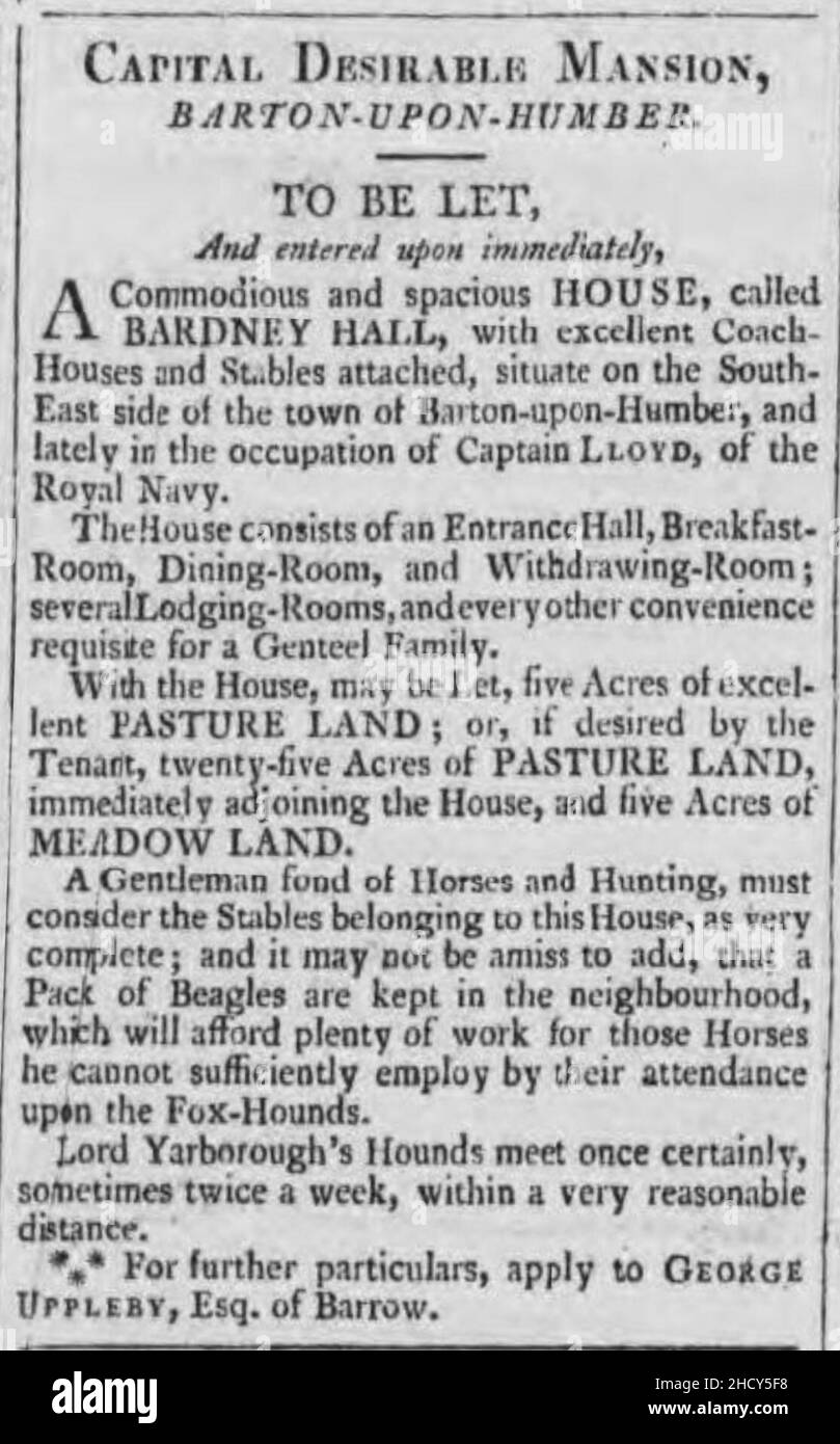 Rental notice Bardney Hall 1808 Stock Photo - Alamy