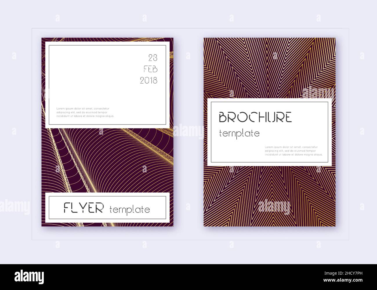 Stylish cover design template set. Gold abstract lines on maroon ...