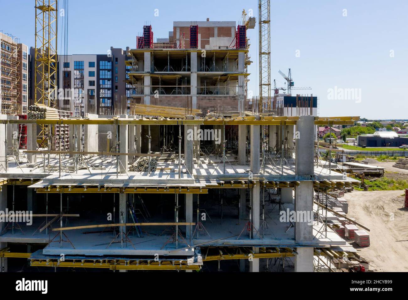 Aerial view of high residential apartment building under construction ...