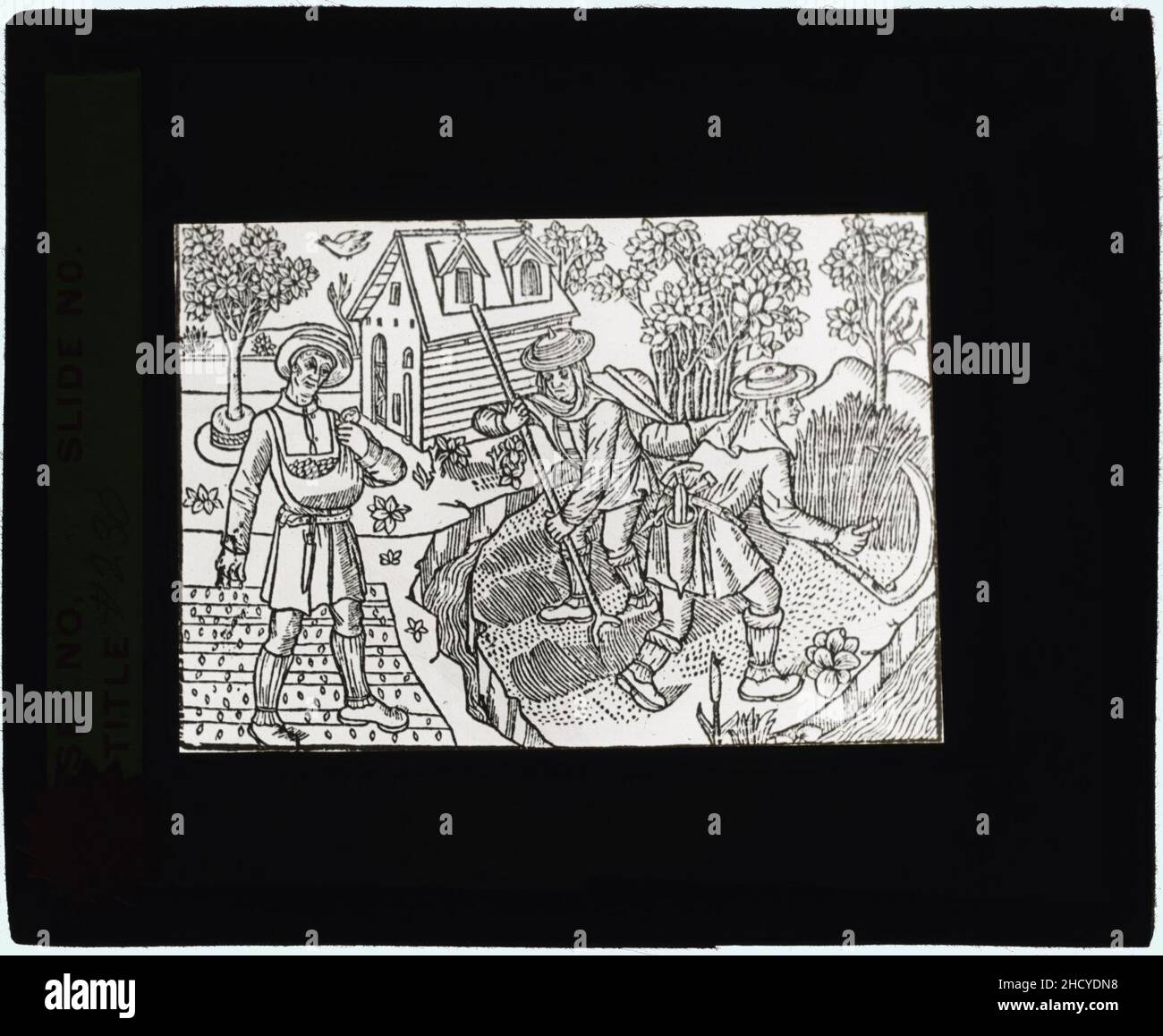 Reproduction of print showing Men in garden Stock Photo - Alamy