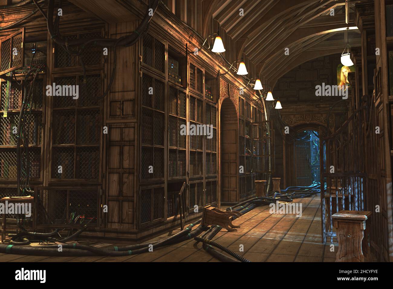 Old library energy preload, complete scene for background. 3D rendering ...