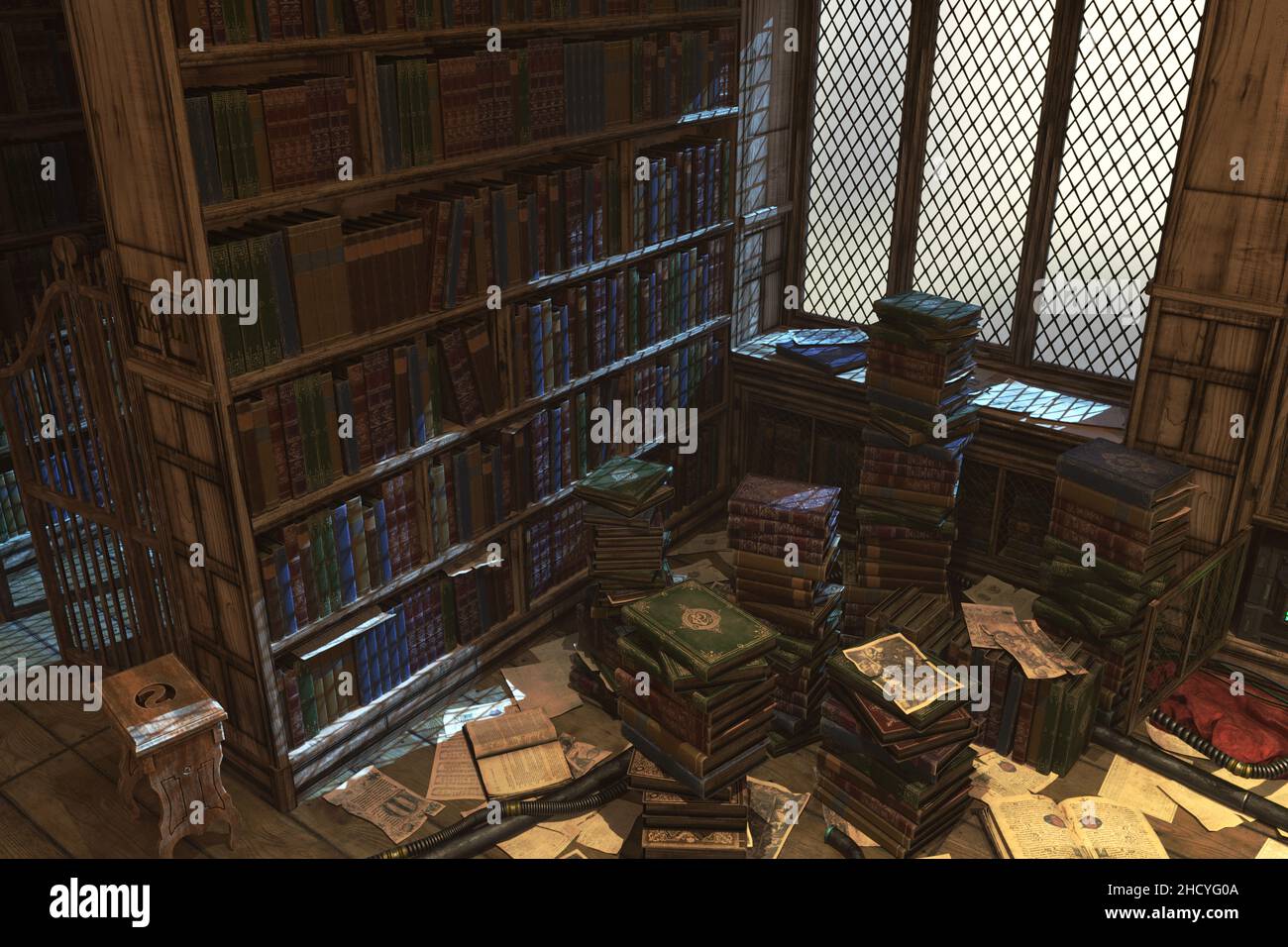 Old library energy preload, complete scene for background. 3D rendering ...