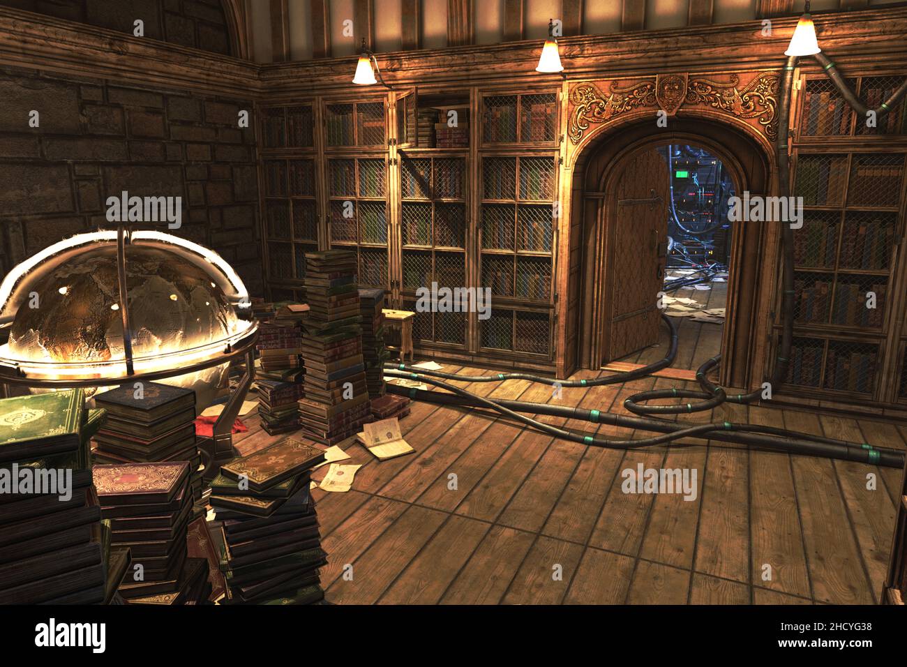 Old library energy preload, complete scene for background. 3D rendering ...