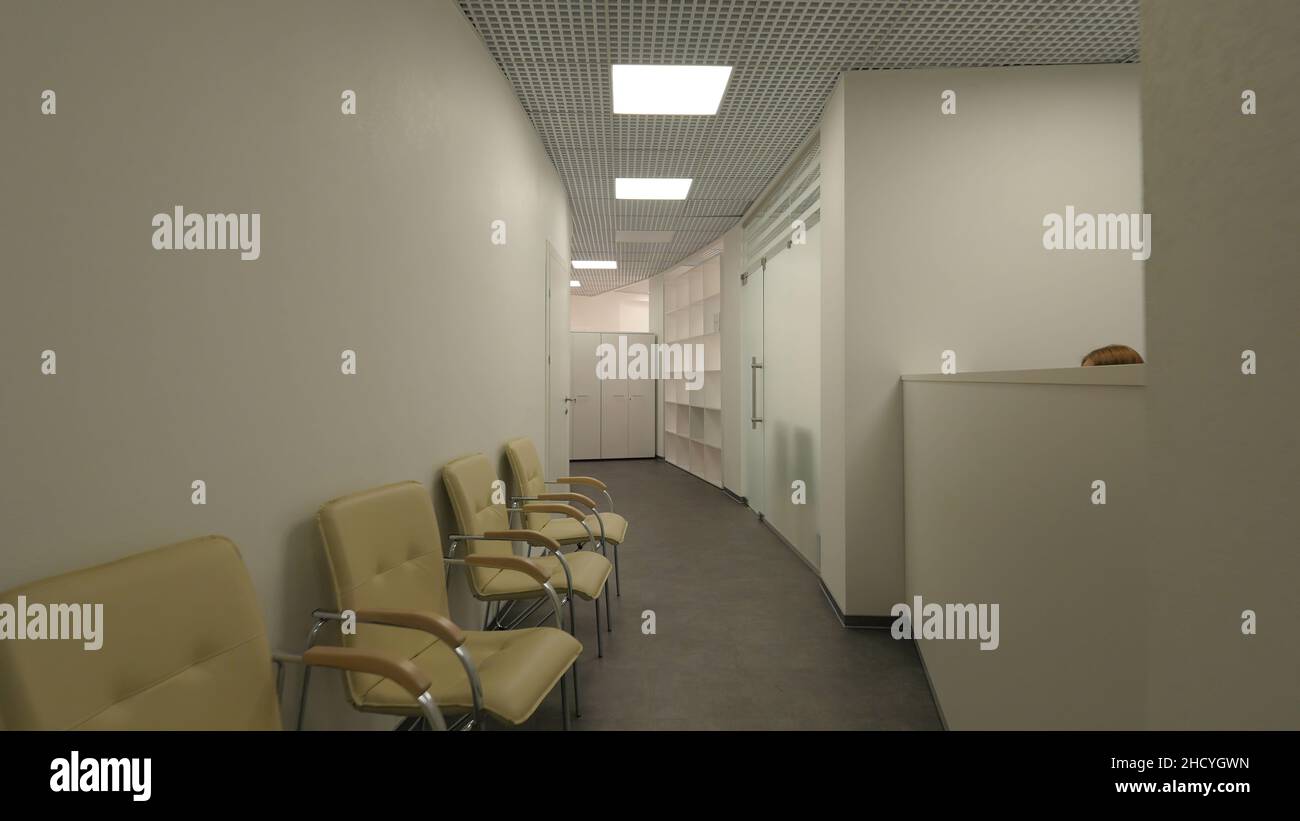 Long, arcuate office hallway and a reception desk. Corridor of a public ...