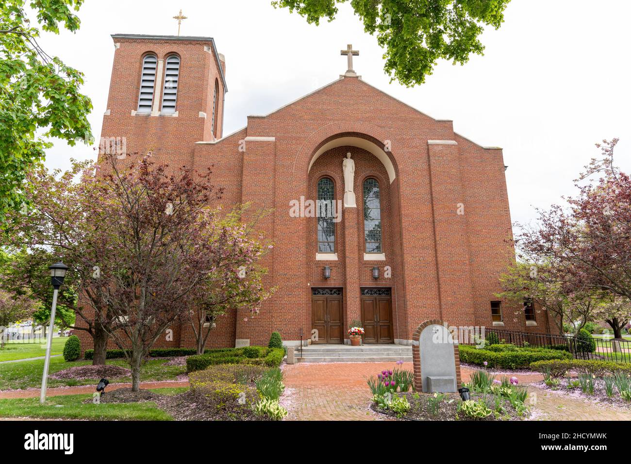 Exterior establishing shot of generic church building front facade on ...
