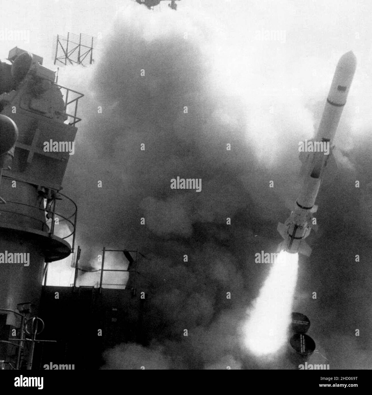 RGM-84 Harpoon missile launch from USS Leahy (CG-16), in 1983 Stock ...