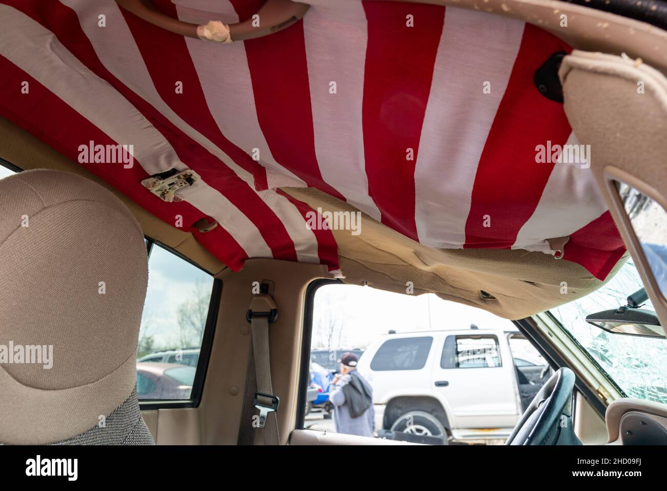 An American flag serves as a headliner in the cab of this pickup truck ...