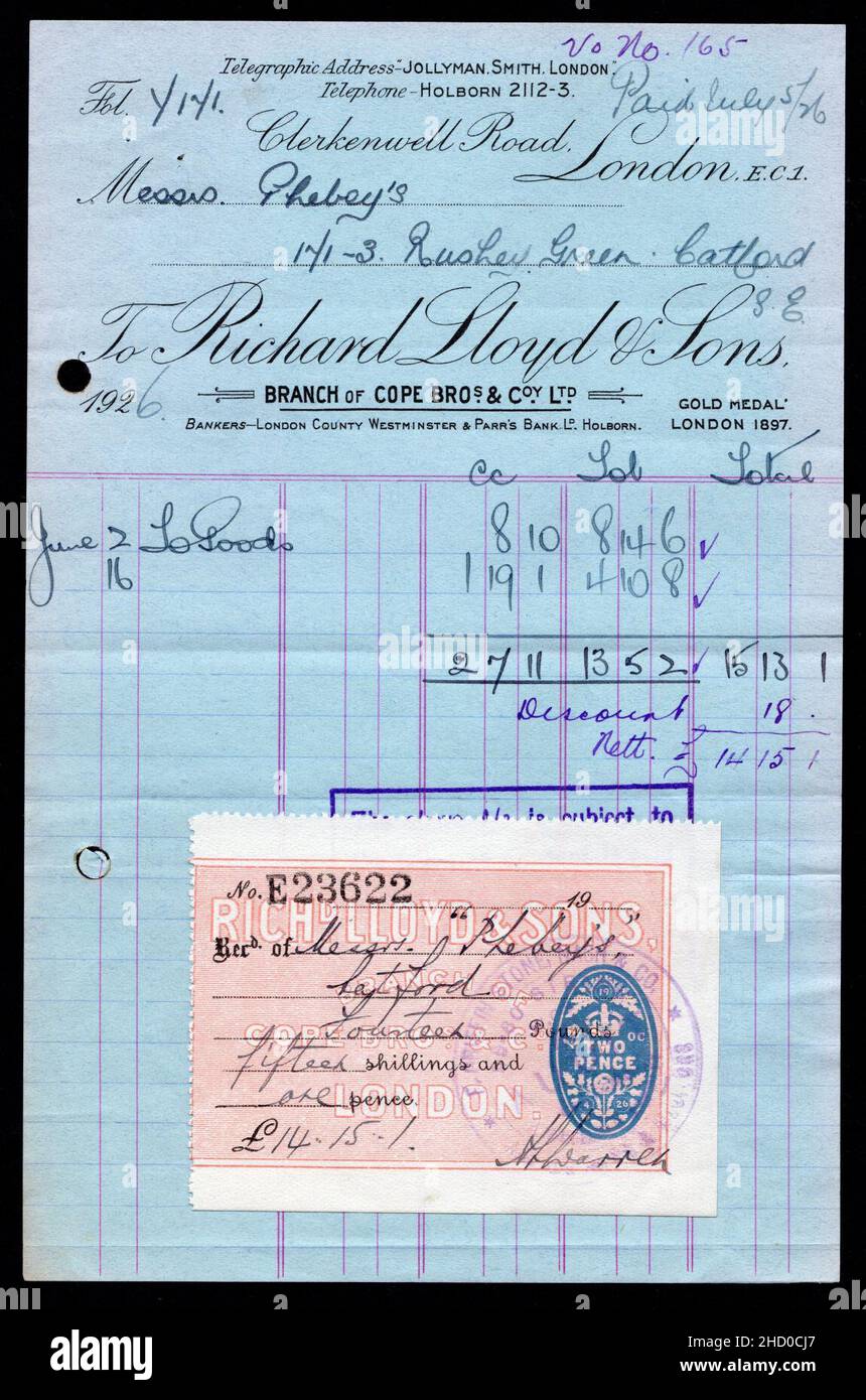 Richard Lloyd & Sons invoice 1926 with 2d impressed revenue stamp Stock ...