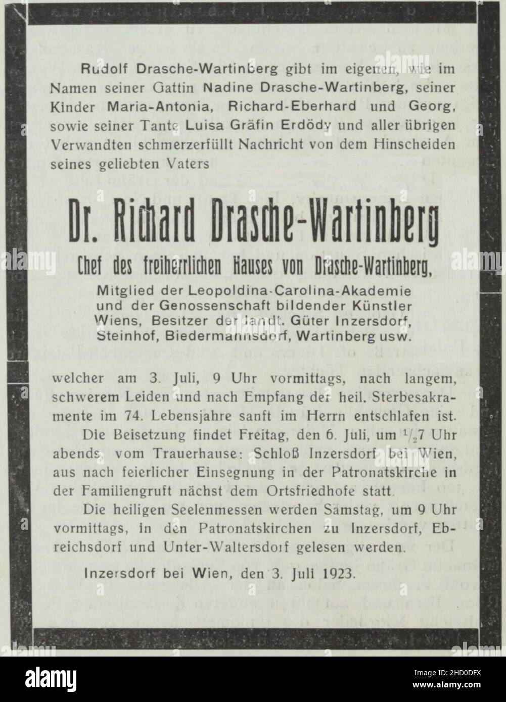 Richard von Drasche-Wartinberg Todesanzeige Wiener Salonblatt, 1923-07 ...