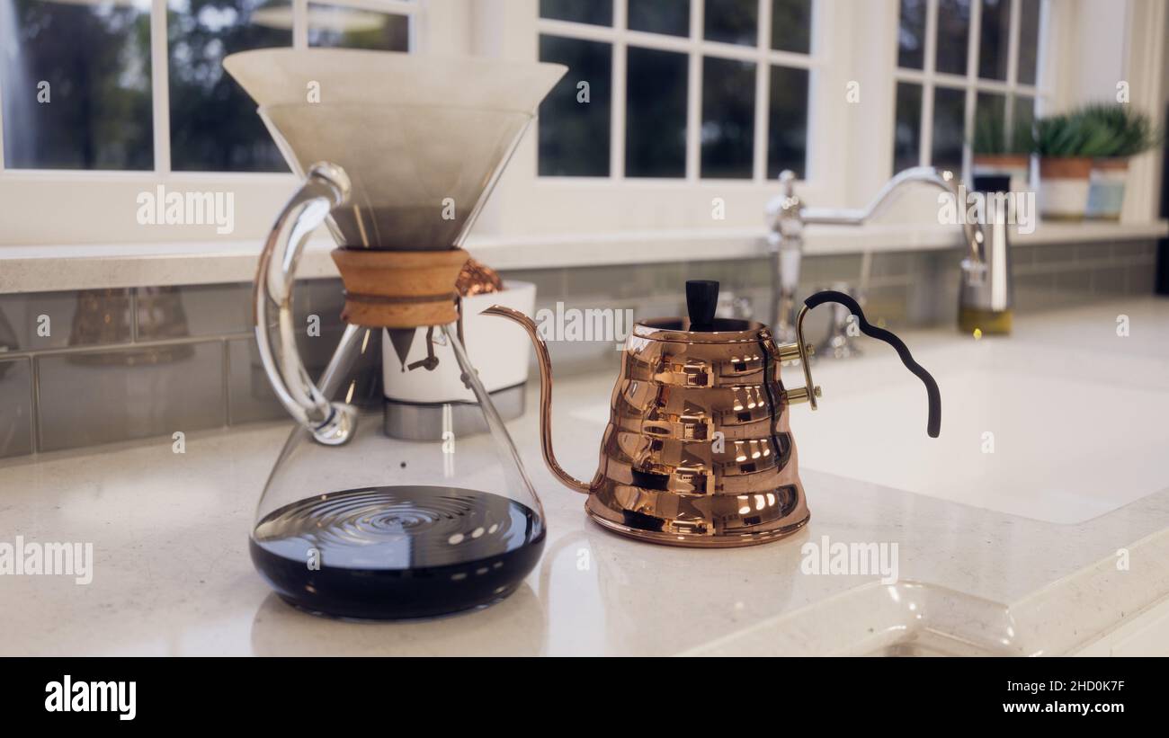 Close up of 3D kitchen rendering in early morning featuring fancy ...