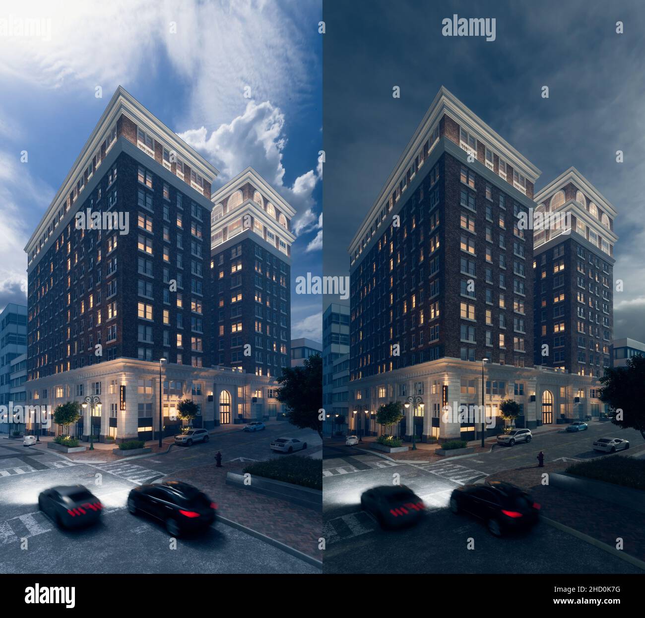 3d Rendering of multi story city commercial building in day and night ...