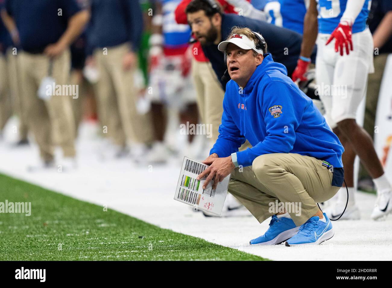 Ole Miss Rebels head coach Lane Kiffin watches a missed field goal ...
