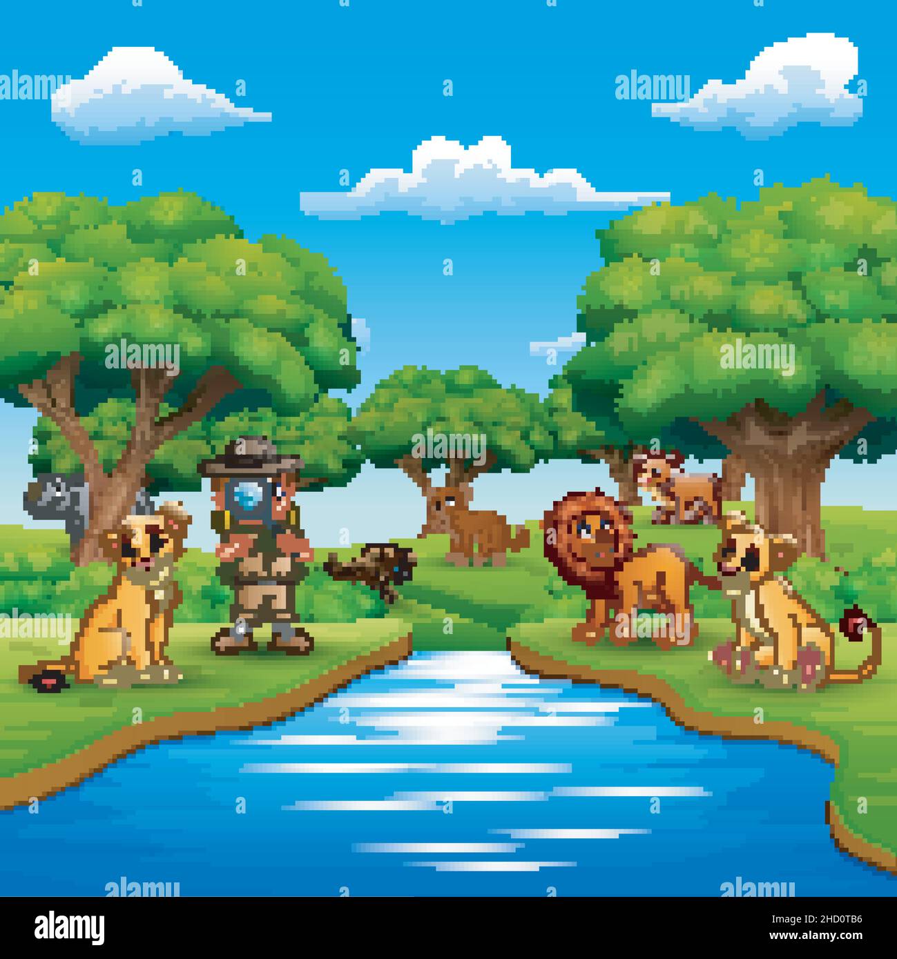 Cartoon boy explorer with animals by the river Stock Vector Image & Art ...