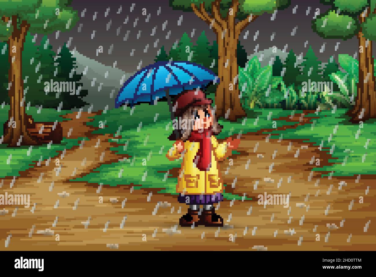 Cartoon a girl carrying umbrella under the rain in the forest Stock ...