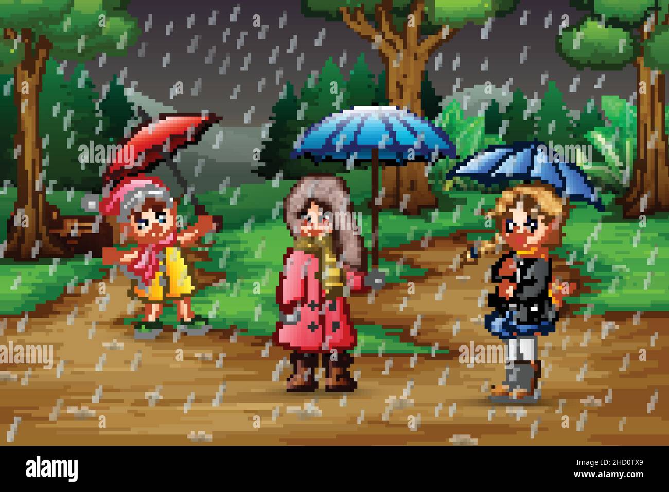 Cartoon three girl carrying umbrella under the rain in the forest Stock ...